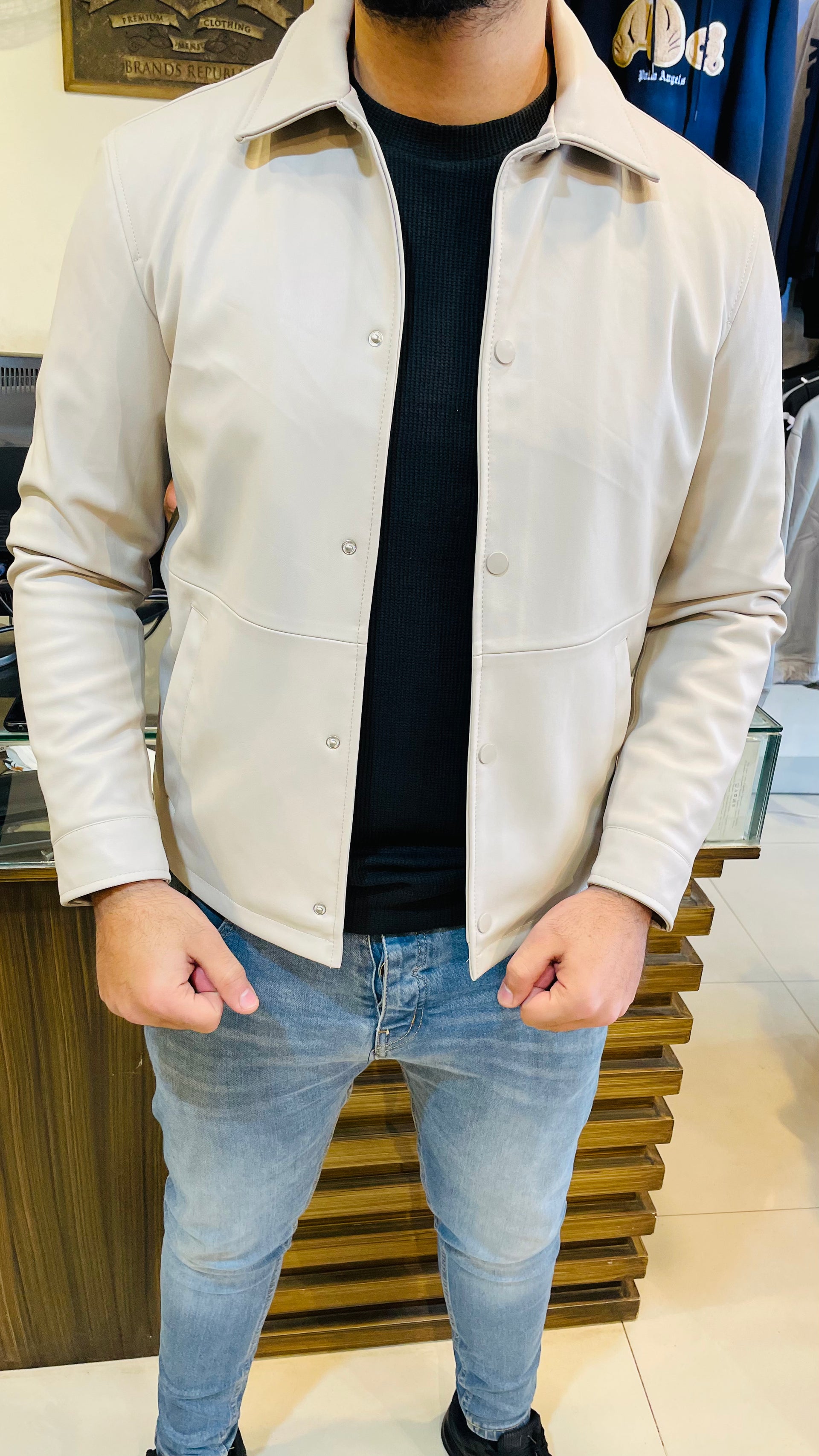 ZR faux leather white button jacket (00273) – brandsrepublic.pk